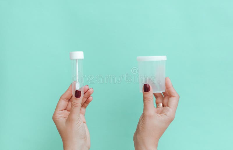 Female Hands with Empty Test Tubes for Analysis. Empty Plastic Jar for ...
