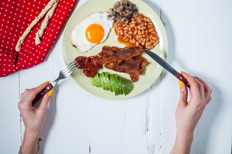 Female Hands and English Breakfast on White Wood Table Stock Photo ...