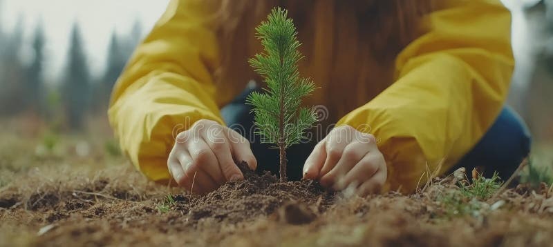 Female Hands Gently Planting a Small Pine Tree Sapling in the Forest ...
