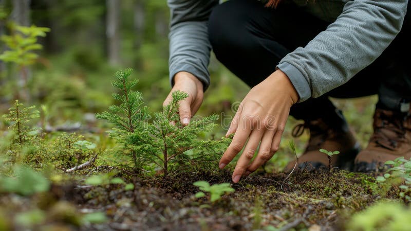 Female Hands Gently Planting a Small Pine Tree Sapling, Fostering ...
