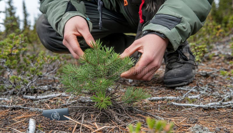 Female Hands Gently Planting a Small Pine Tree Sapling, Promoting ...