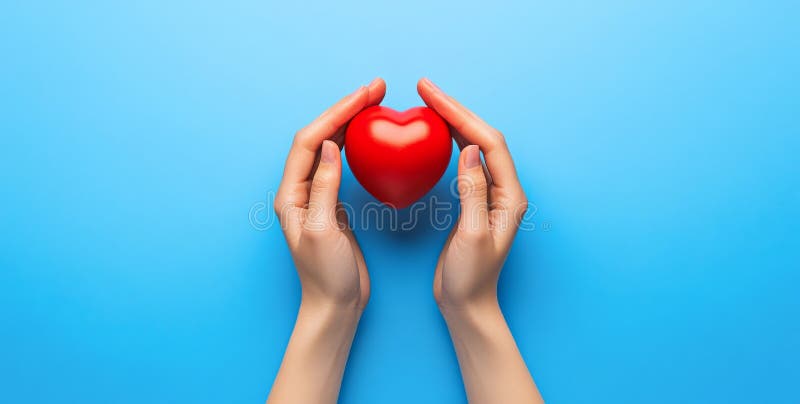 Female Hands Grasping a Red Heart, Viewed from Above on a Blue ...