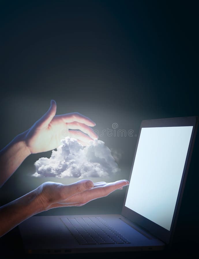 Female Hands Hold Clouds from the Laptop Screen. Cloud Computing ...