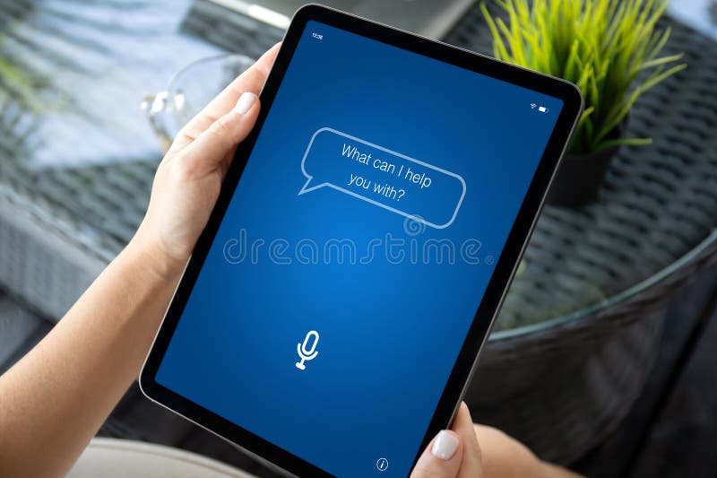 Female Hands Hold Computer Tablet with App Personal Assistant Screen ...