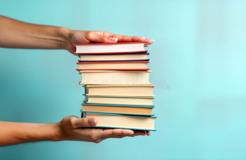 Female Hands Hold High Stack of Books Against Light Blue Background ...