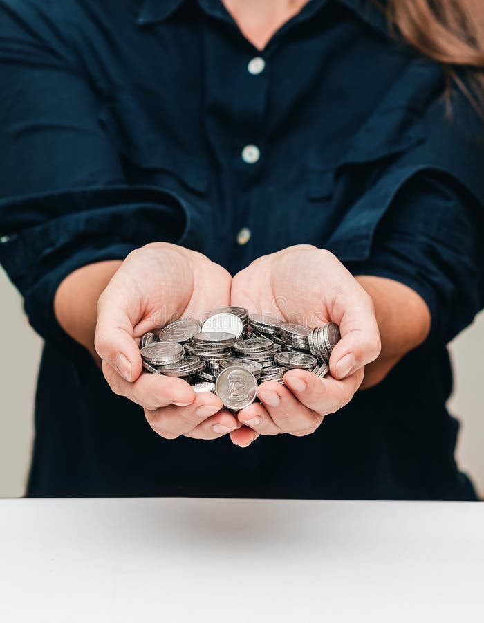 Female Hands Hold Many Silver Coins in Palms Stock Image - Image of ...