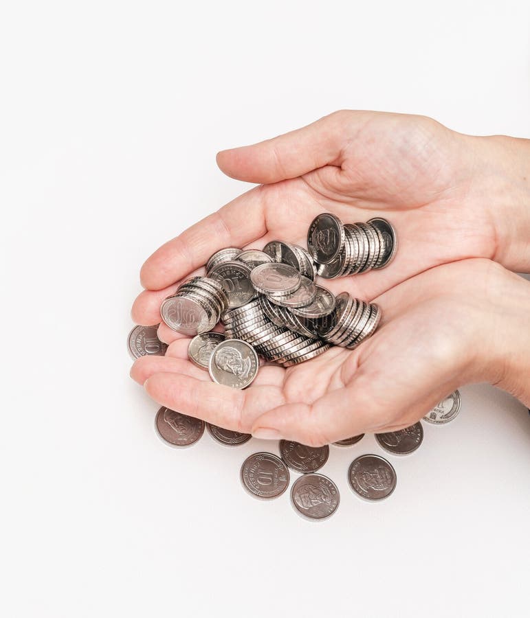 Female Hands Hold Many Silver Coins in Palms Stock Photo - Image of ...
