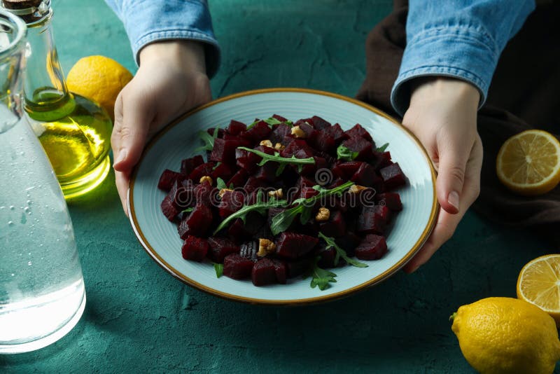 Female Hands Hold Plate of Tasty Beet Salad Stock Image - Image of ...