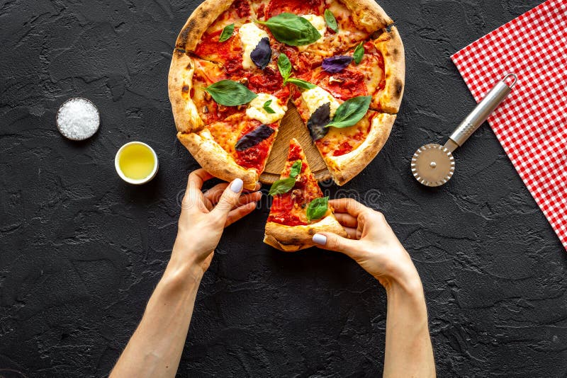 Female Hands Hold Slice of Pizza. Overhead View Stock Image - Image of ...