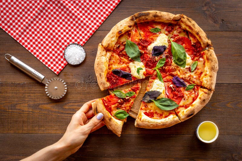 Female Hands Hold Slice of Pizza. Overhead View Stock Image - Image of ...