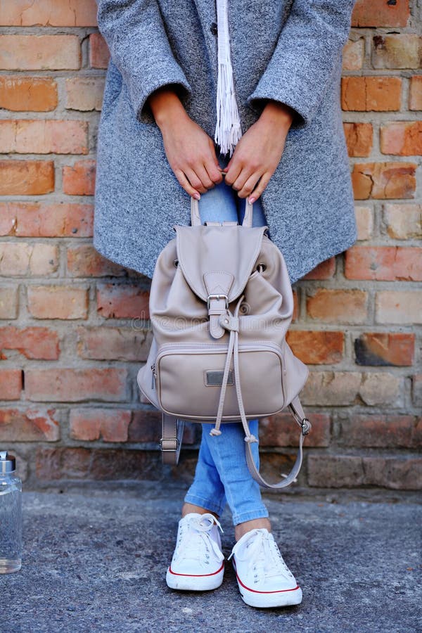 Female Hands Holding Backpack Stock Image - Image of autumn, drink ...