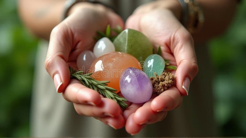 Female Hands Holding Colorful Crystals and Herbs Stock Illustration ...