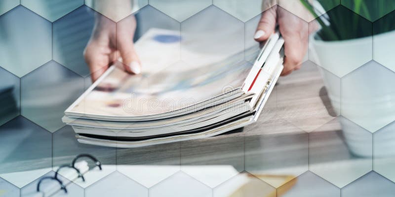 Female Hands Holding Magazines, Geometric Pattern Stock Illustration ...