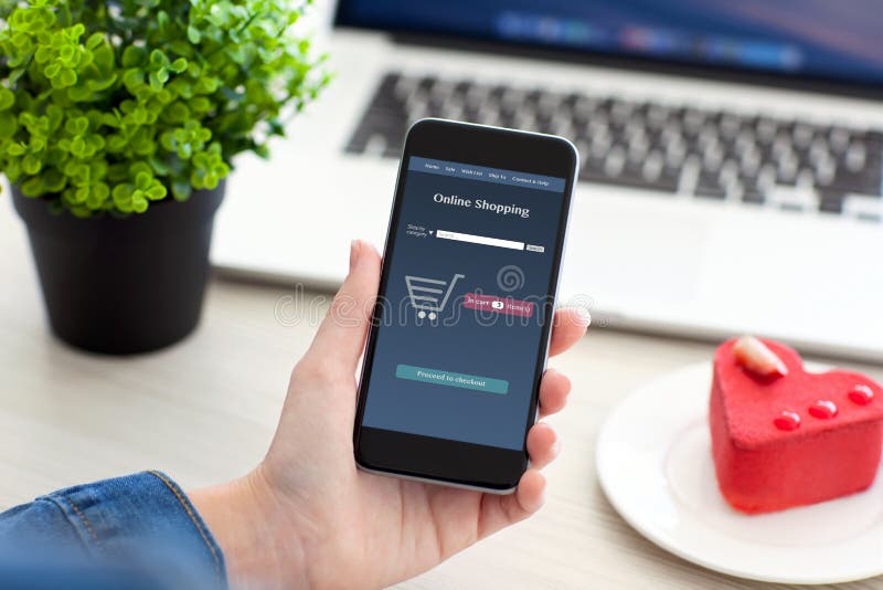 Female Hands Holding Phone with App Online Shopping and Notebook Stock ...