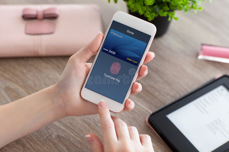 Female Hands Holding Phone with Debit Card Touch and Pay Stock Image ...