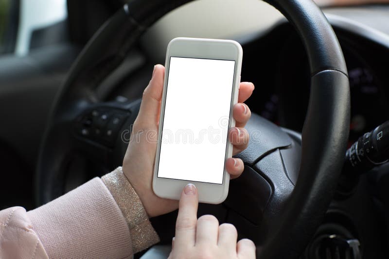 Female Hands Holding Phone with Screen Behind Wheel Car Stock Image ...