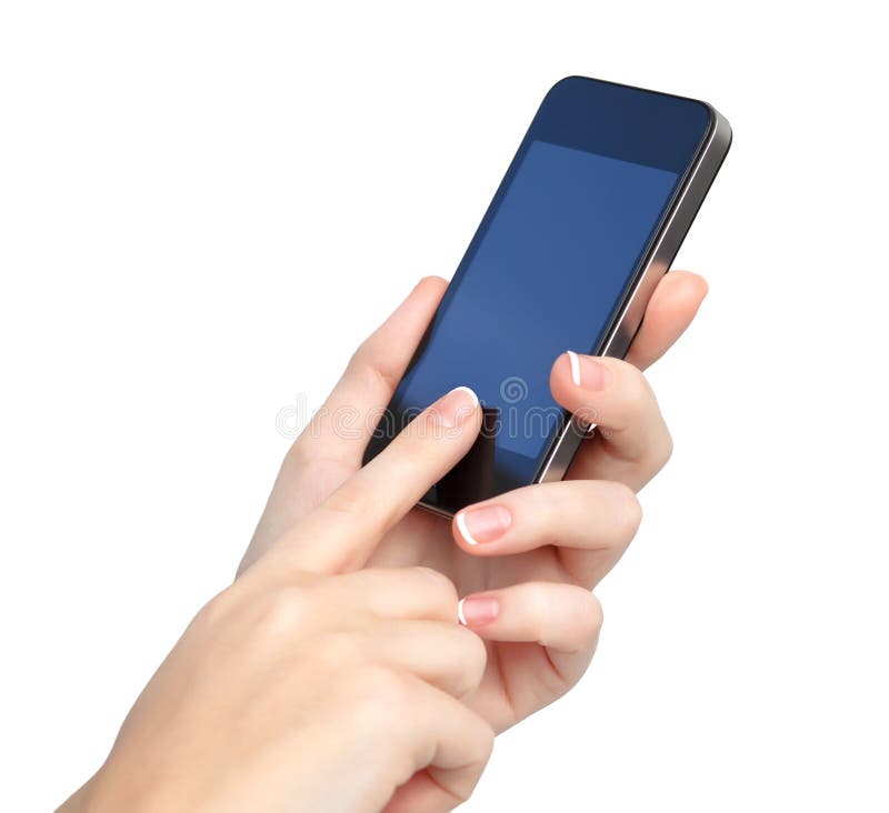 Female Hands Holding Phone And Touches The Screen Stock Image - Image ...