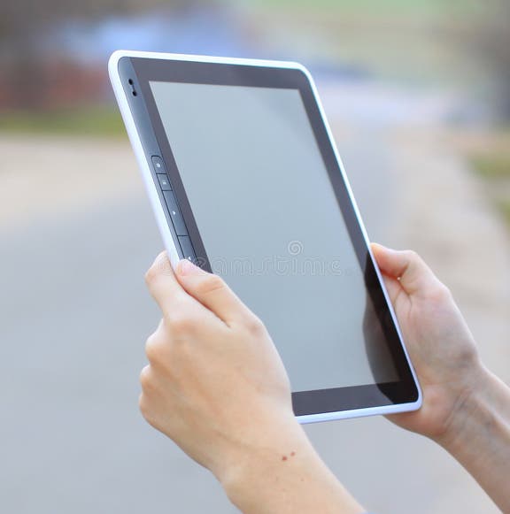 Female Hands Holding a Tablet Stock Image - Image of female, blank ...