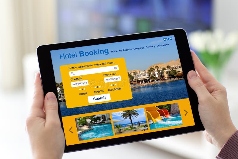 Female Hands Holding Tablet with App Hotel Booking on Screen Stock ...