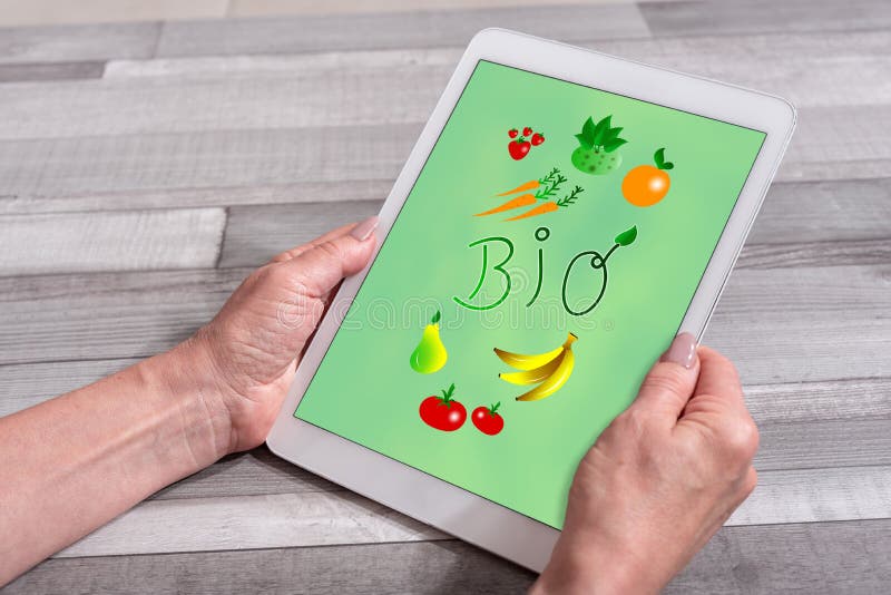 Bio concept on a tablet stock photo. Image of fruit - 145645982