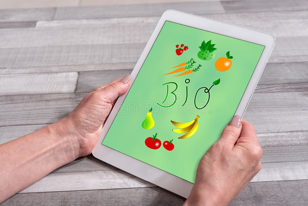 Bio concept on a tablet stock photo. Image of fruit - 145645982