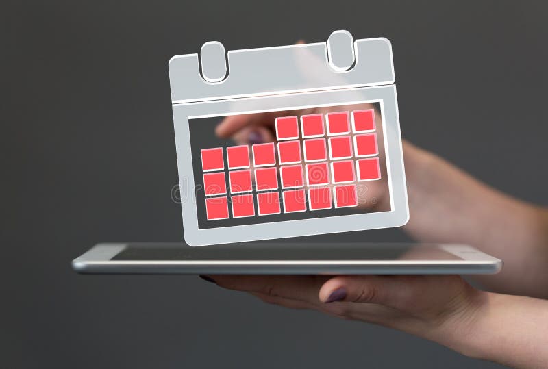 Female Hands Holding the Tablet with the Calendar Icon Above the Screen ...