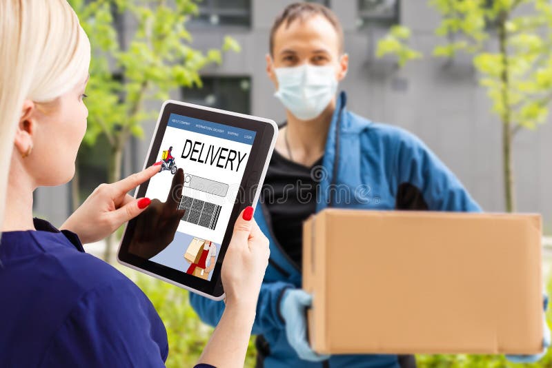 Female Hands Holding Tablet with Food Delivery App on Screen Stock ...