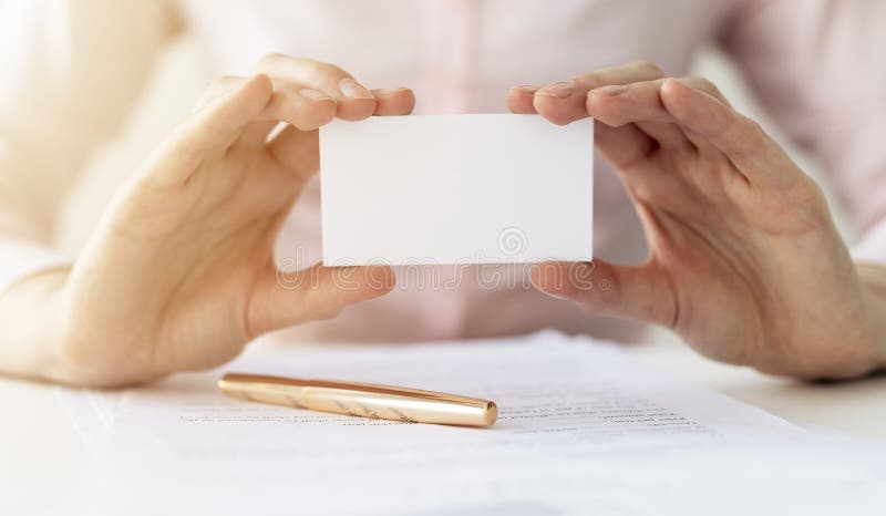Female Hands Holding White Card Note at Office Table Stock Photo ...