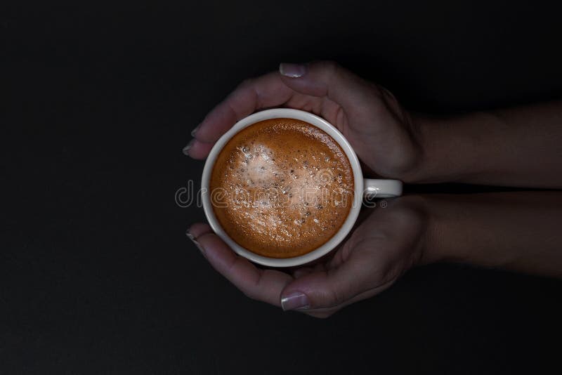 Female Hands Holding White Cup of Coffee with Crema Stock Image - Image ...