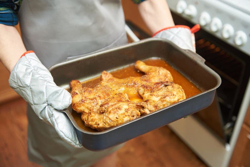 The Female Hands Holds a Cooked Chicken from the Oven Stock Image ...