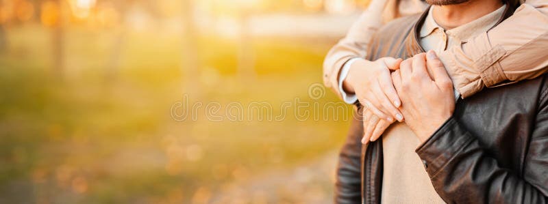 Female Hands Hugging Man from Behind, Park Background Stock Image ...