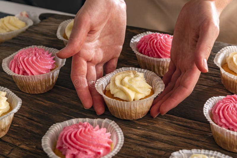Female Hands Keeps Vanilla Cupcake with Pink Cream Stock Photo - Image ...