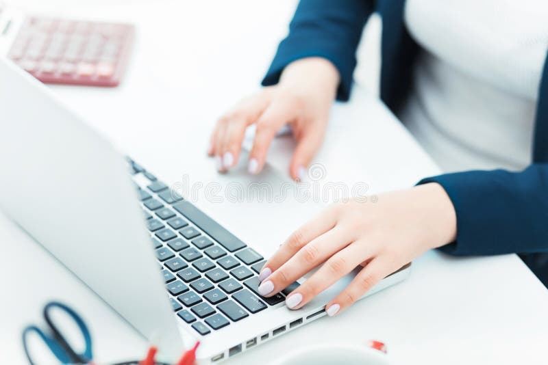 The Female Hands on the Keyboard of Her Laptop Computer Stock Photo ...