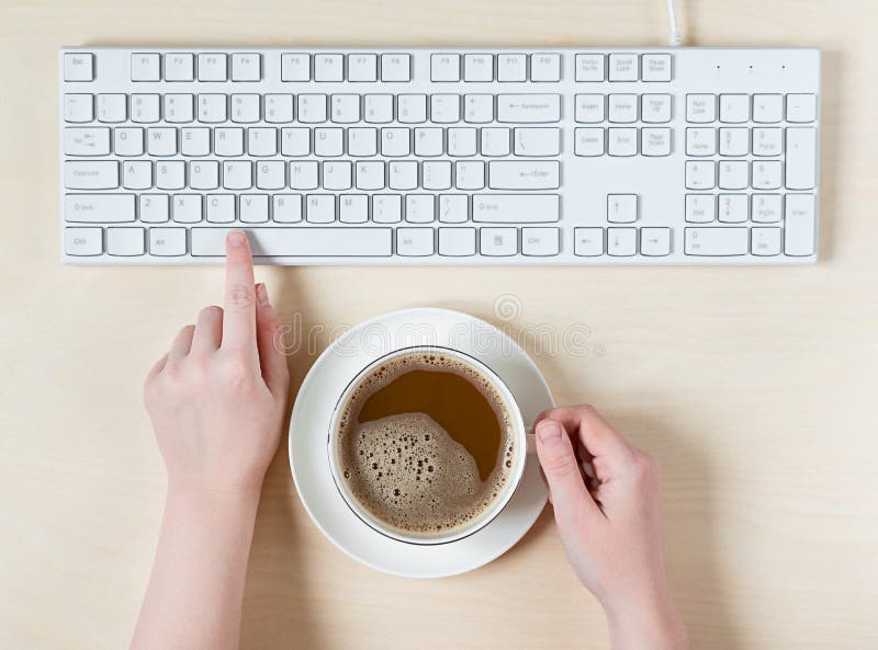 Female Hands on the Keyboard and Hold Cup of Coffee Stock Image - Image ...