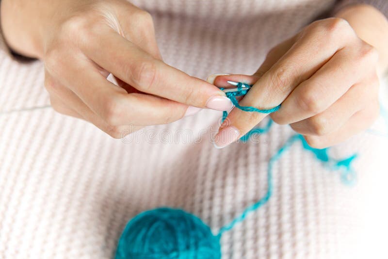 Female Hands Knitting with Wool, Top View Stock Image - Image of hobby ...