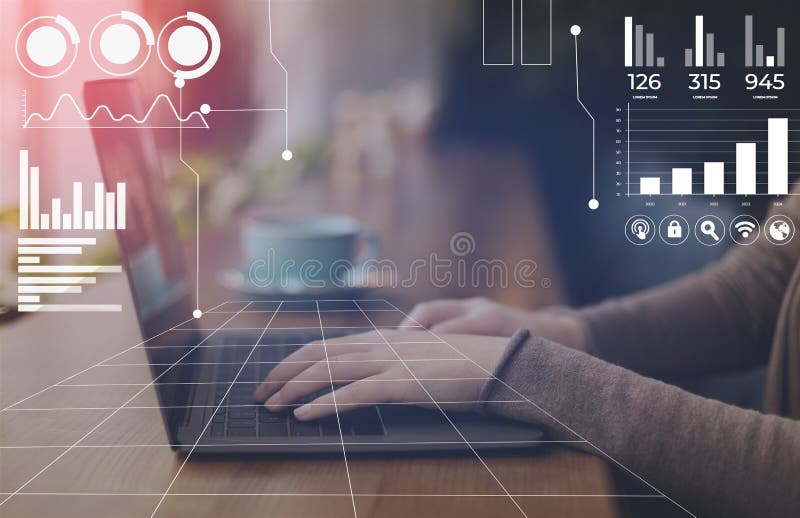 Female Hands on Laptop. Collage with Graphs and Charts Stock Image ...