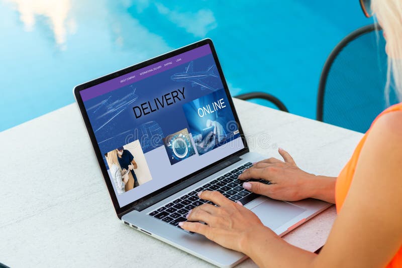 Female Hands on Laptop Computer with Parcel Delivery Application on ...
