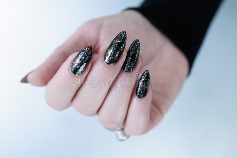 Female Hands with Long Nails and Black Manicure Stock Photo - Image of ...