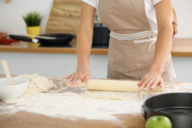 Female Hands Making Dough for Pizza or Bread while Using Rolling Pin ...