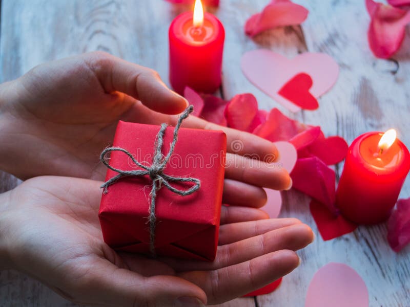 Female Hands Making Gift Box. Love and Valentine Concept. Stock Photo ...