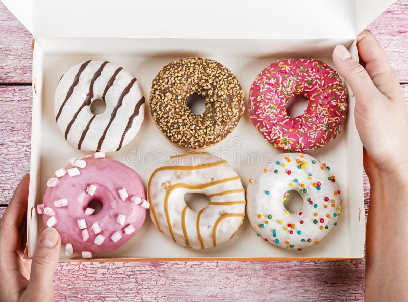 Female Hands Open a Box of Baked Donuts Stock Image - Image of baked ...