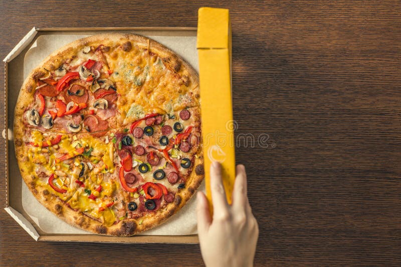 Female Hands Open Delivery Box with Pizza. Stock Photo - Image of ...
