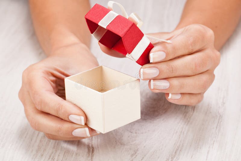 Female Hands Open a Little Gift Stock Image - Image of present, handing ...