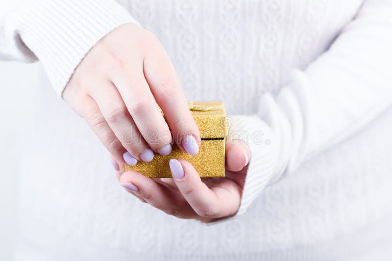 Female Hands Open a Yellow Gift Box. Stock Image - Image of opening ...