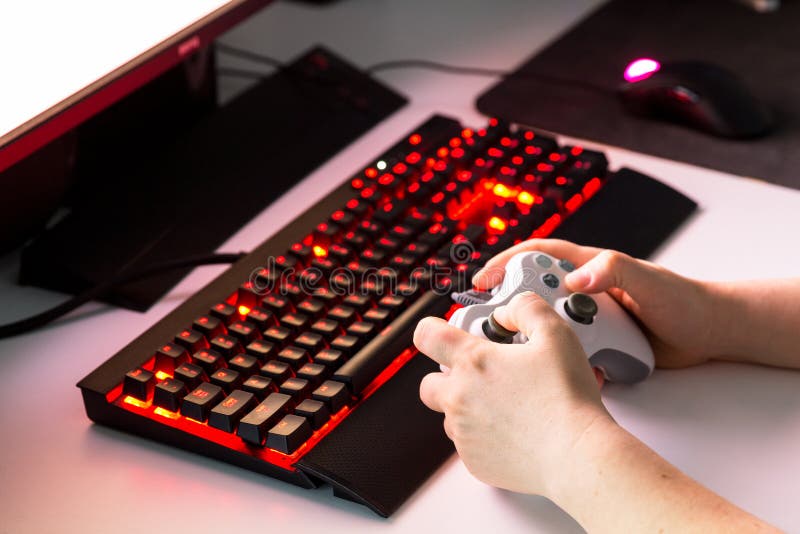 Female Hands Playing Computer Game with Gaming Gear. Stock Photo ...