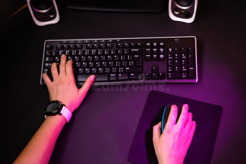 Female Hands Playing Computer Game with Mouse and Keyboard. Stock Image ...