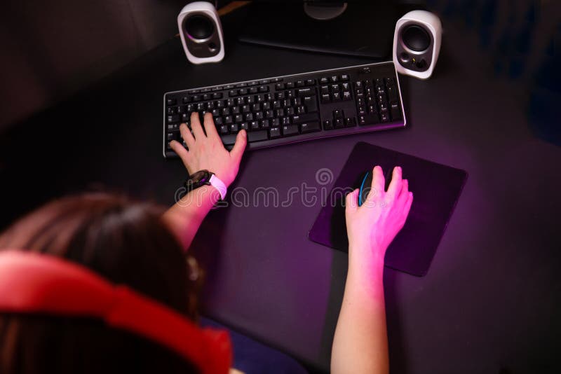 Female Hands Playing Computer Game with Mouse and Keyboard. Stock Image ...