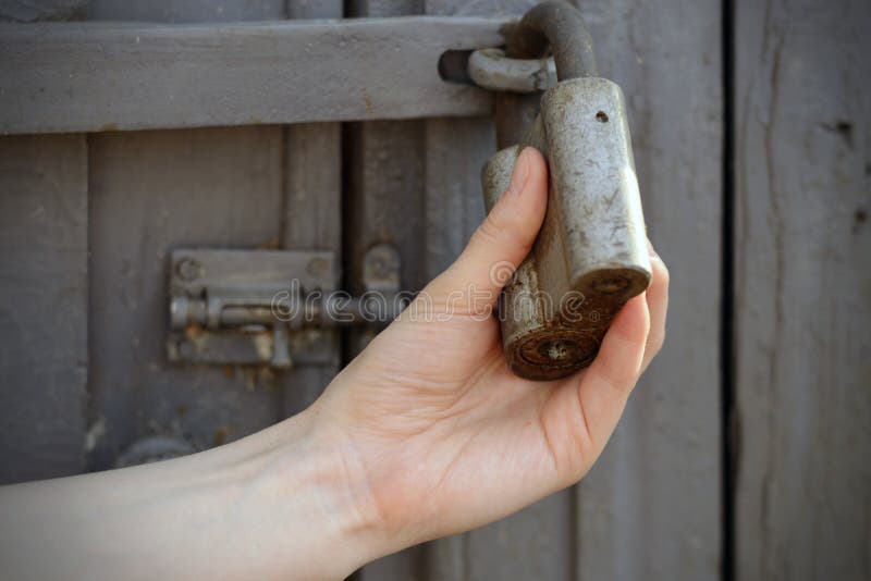 Female Hands Pulled the Gray Old Padlock Stock Image - Image of lock ...