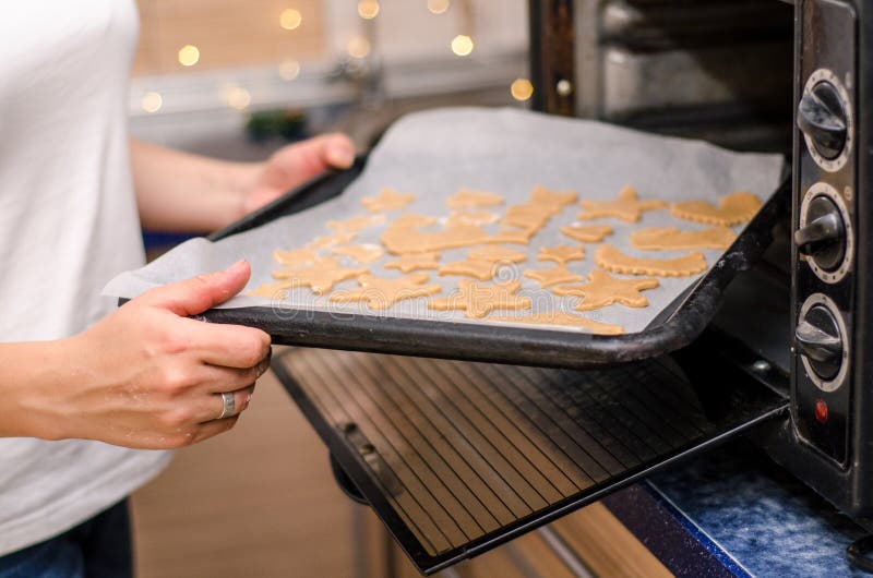 Female Hands Put Baking Sheet with Raw Ginger Christmas Cookies in the ...