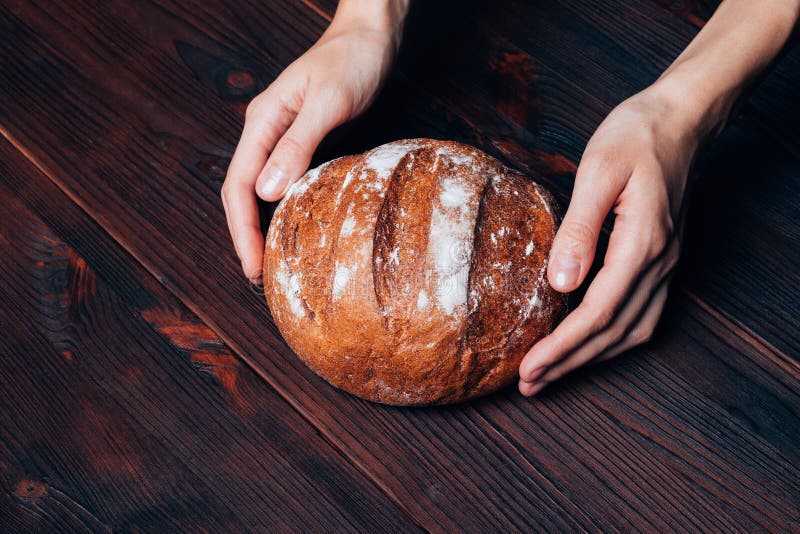 Female Hands Put on the Table Fresh Bread Stock Image - Image of brown ...